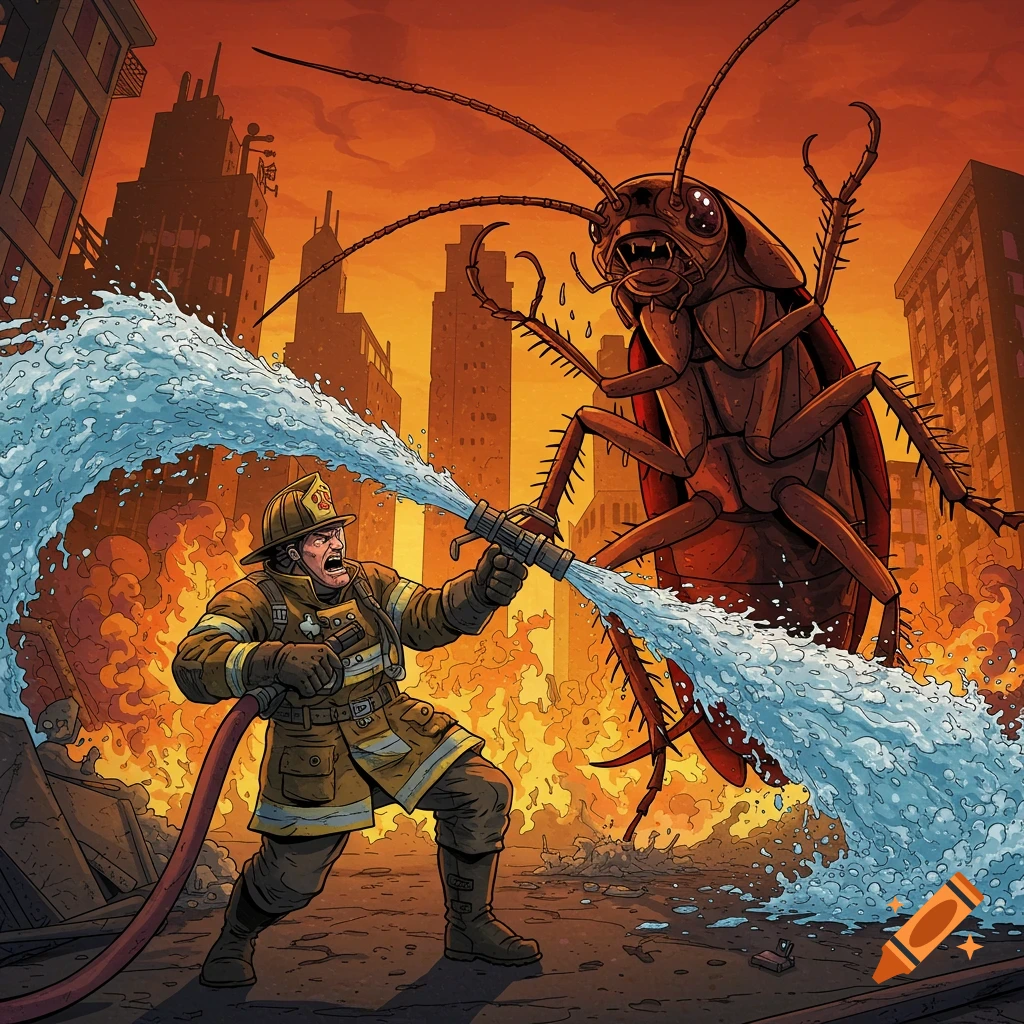 A firefighter battles a giant cockroach in a ruined city street, comic ...