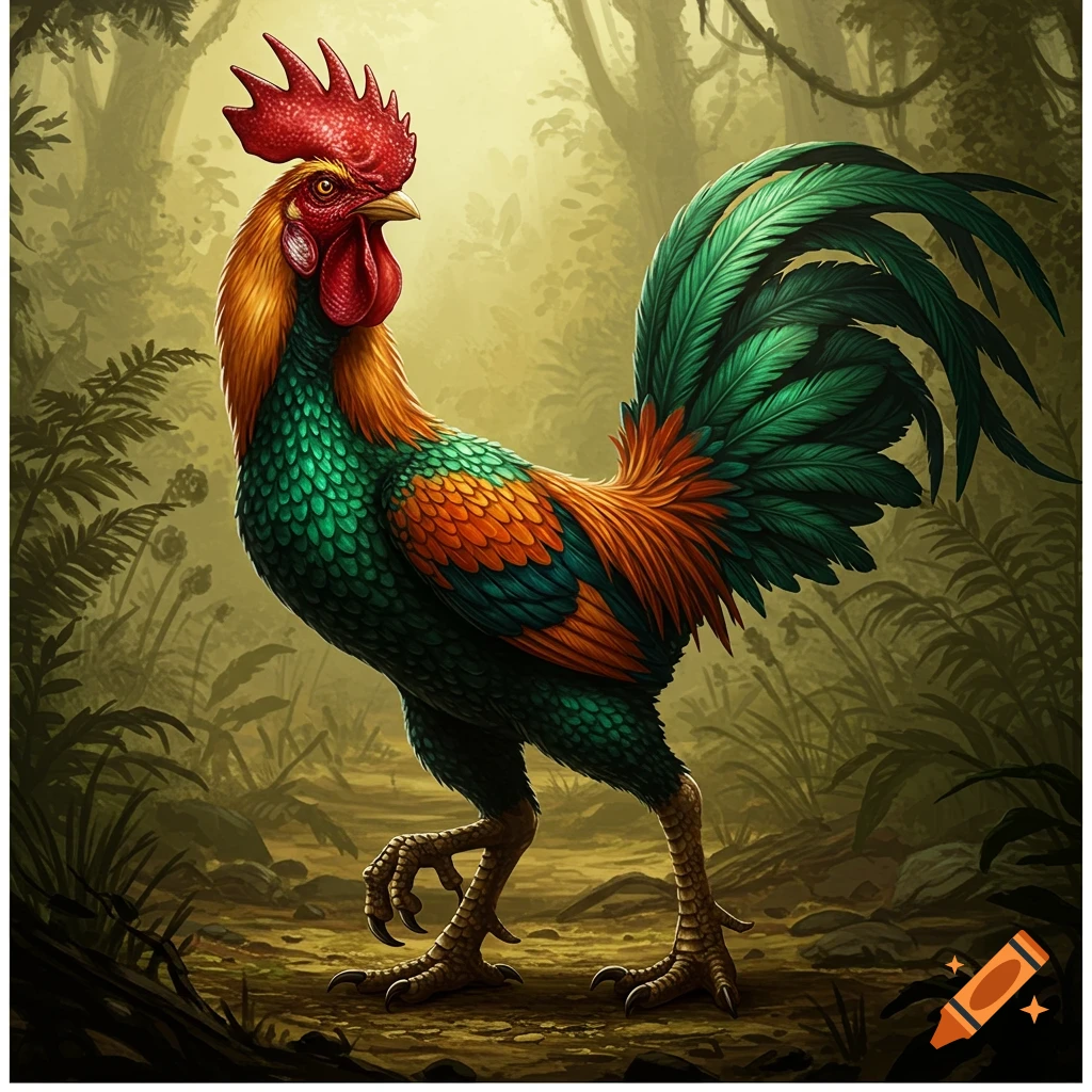 A fantastical rooster-dinosaur creature is standing in a lush jungle ...