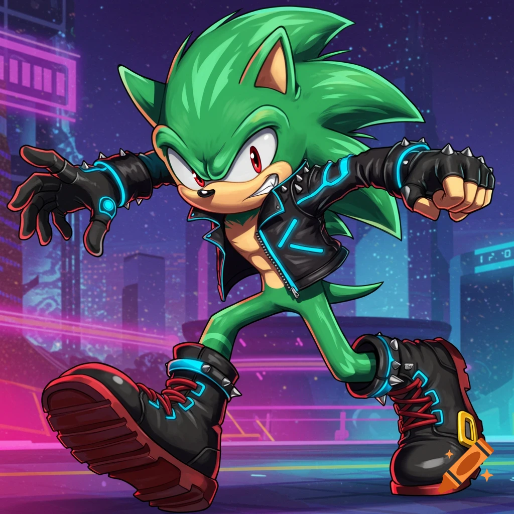 Green hedgehog Sonic fan character running through a neon cyberpunk ...