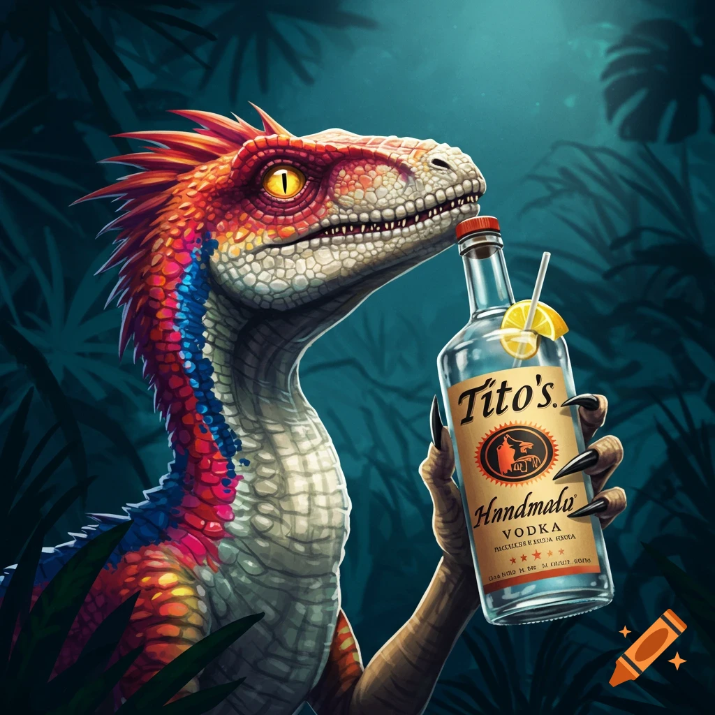 Tron-themed raptor drinking Tito's vodka on Craiyon