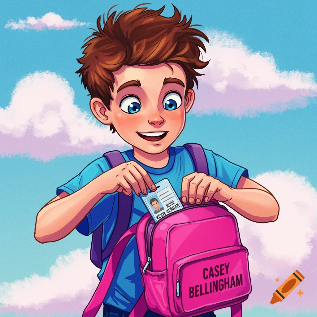Cartoon illustration of a boy putting an ID card into a pink backpack ...