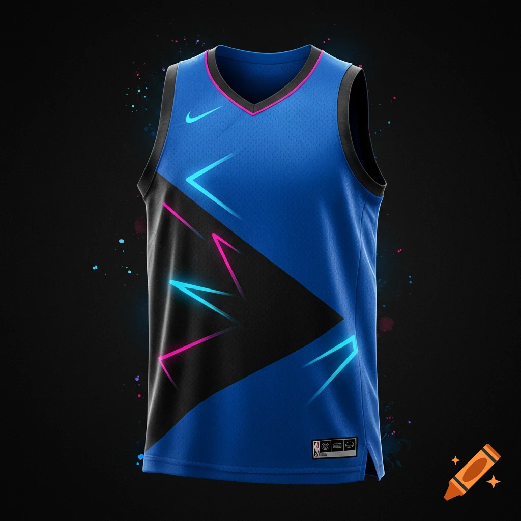 A blue and black basketball jersey with pink and cyan accents. on Craiyon