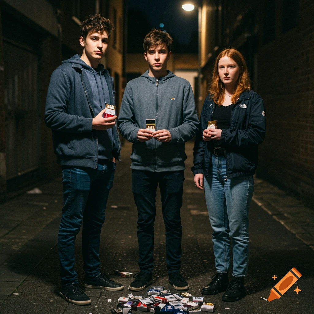 Two men and a woman with cigarette boxes in hand and on the floor ...