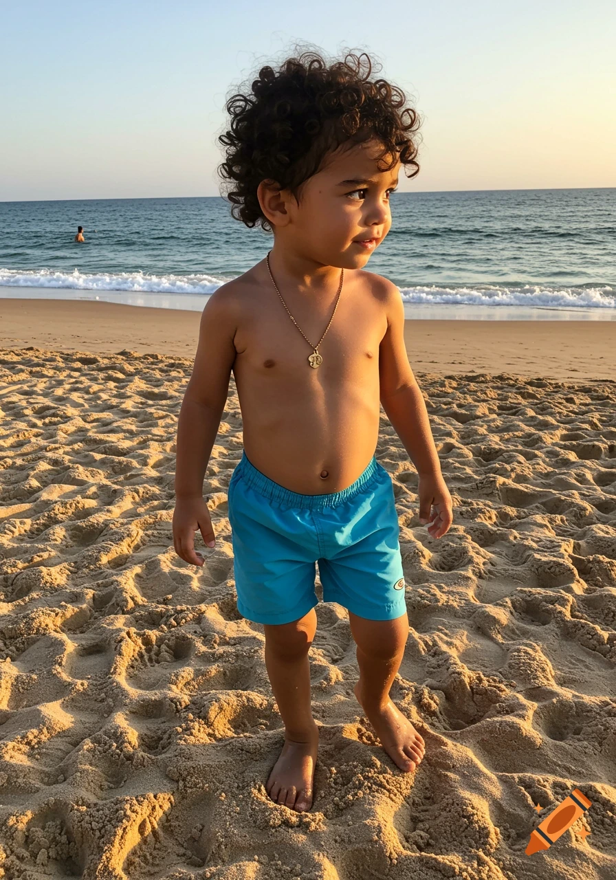 Young boy in blue shorts on sandy beach at sunset. on Craiyon