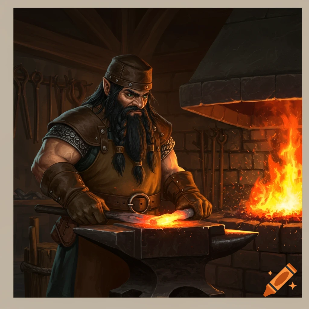 Anime-style man with glasses blacksmithing, hammering glowing metal on ...