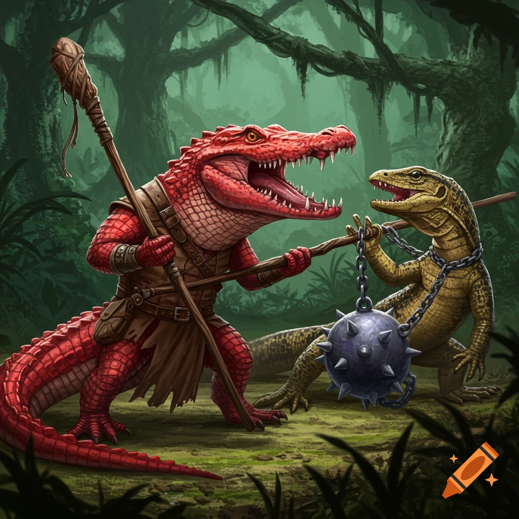 Digital illustration of a red alligator creature with a staff fighting ...