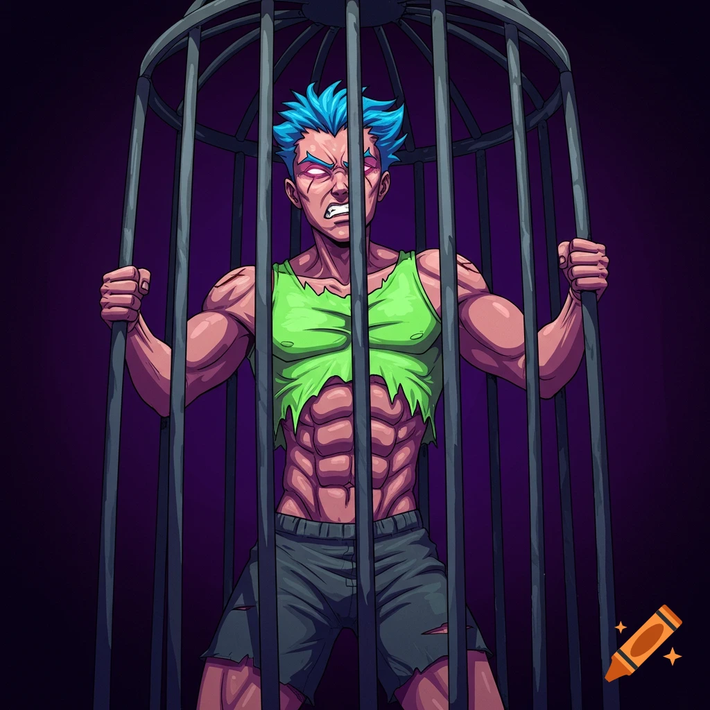 A muscular man with blue hair and abs, straining against the bars of a ...