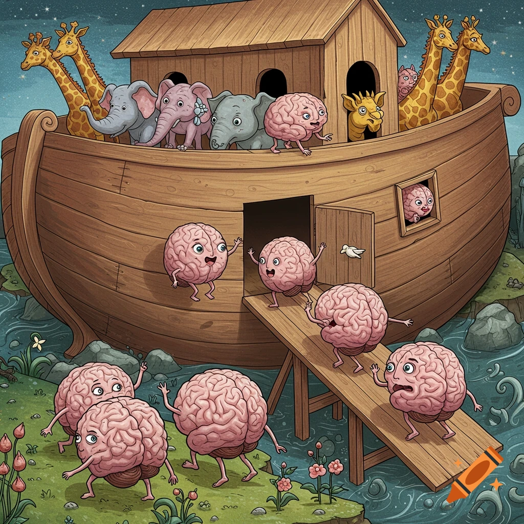 Cartoon of a man with a watch in front of Noah's Ark with giraffes ...