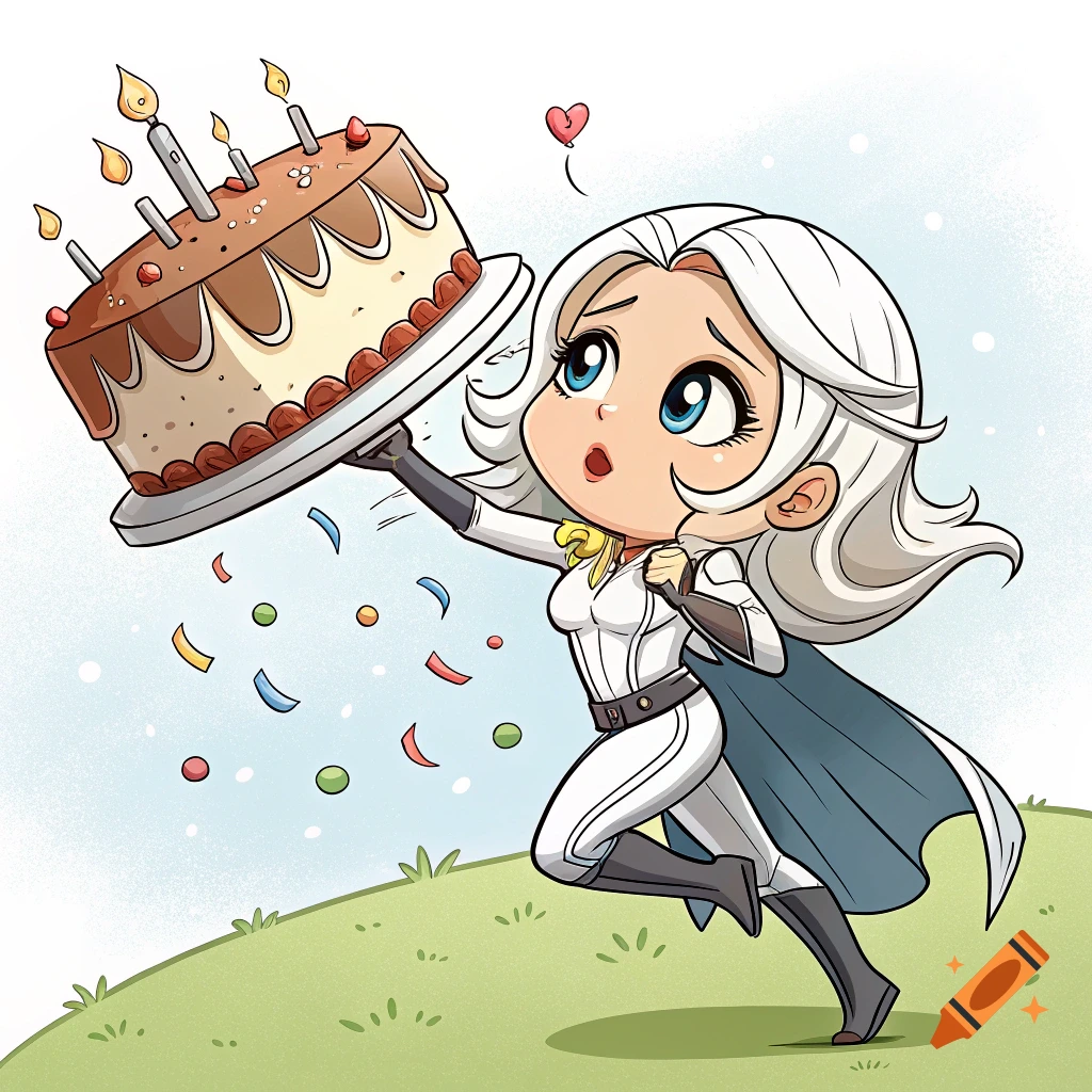 Chibi superhero character holding a falling birthday cake in a cartoon ...