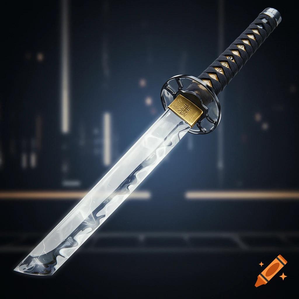 A detailed glass katana with icy blade and black hilt. on Craiyon