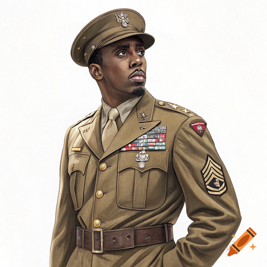 Illustration of a man in a WW2 era military uniform looking to the side ...
