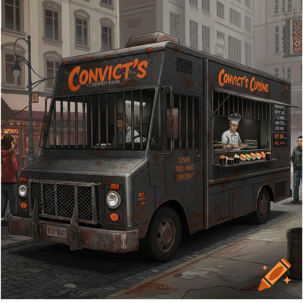 Convict's Cuisine food truck serving sushi on Craiyon