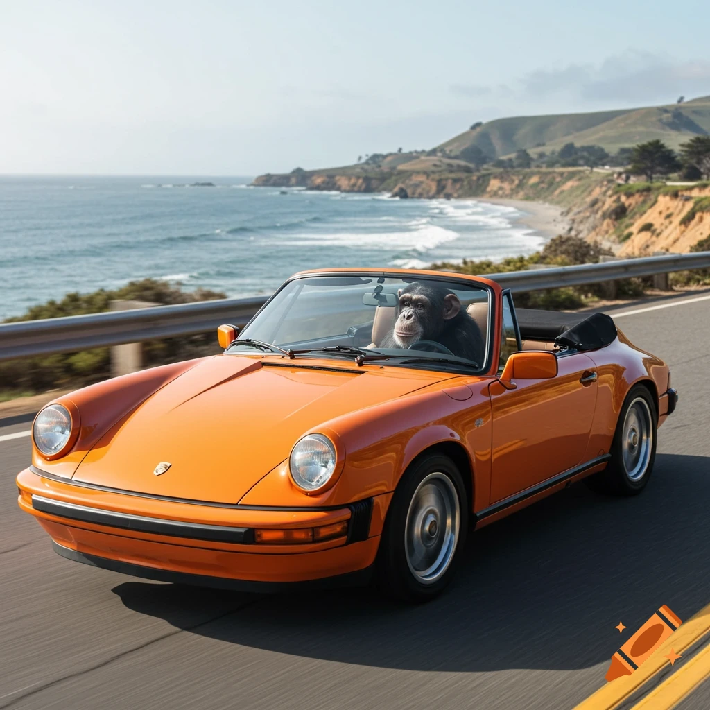 Photorealistic chimpanzee driving an orange Porsche 911 convertible. on ...