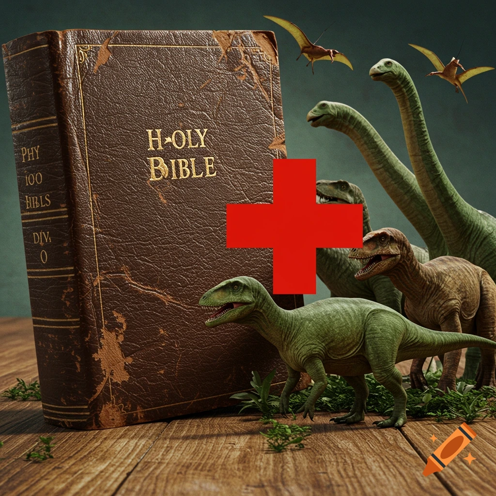 Dinosaurs, plus symbol, and Bible. on Craiyon