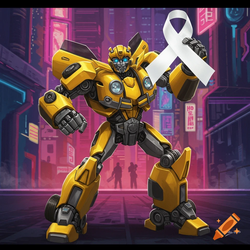 Yellow Transformer robot Bumblebee holding a white ribbon in a ...
