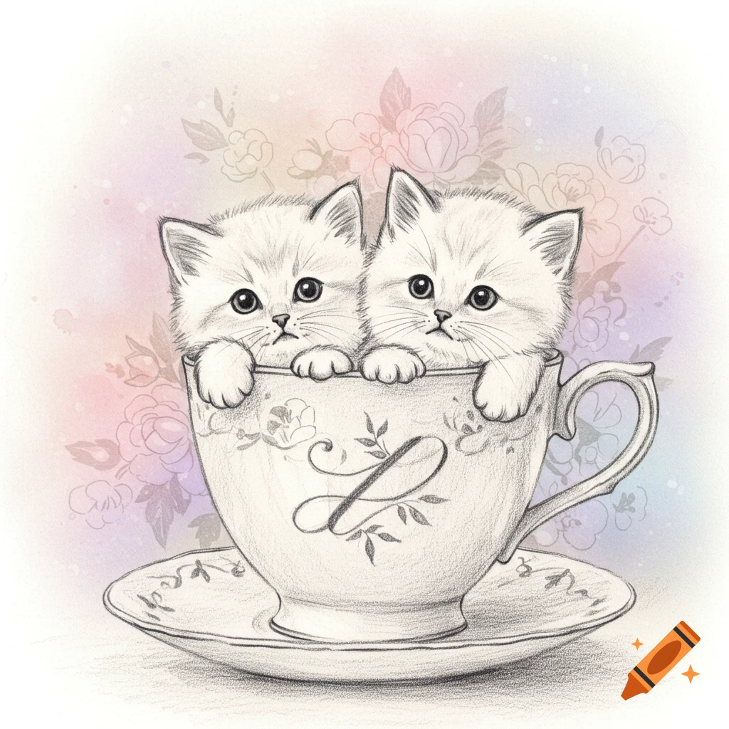 Sketch of two kittens in a teacup with a Z-shaped handle and flowers on ...