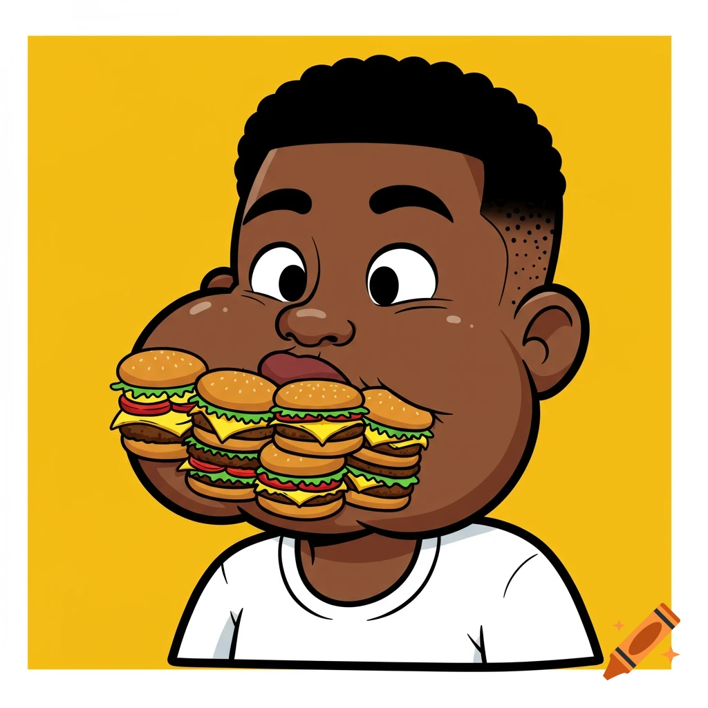 Cartoon illustration of a man happily eating a hot dog with 'GLIZZY ...