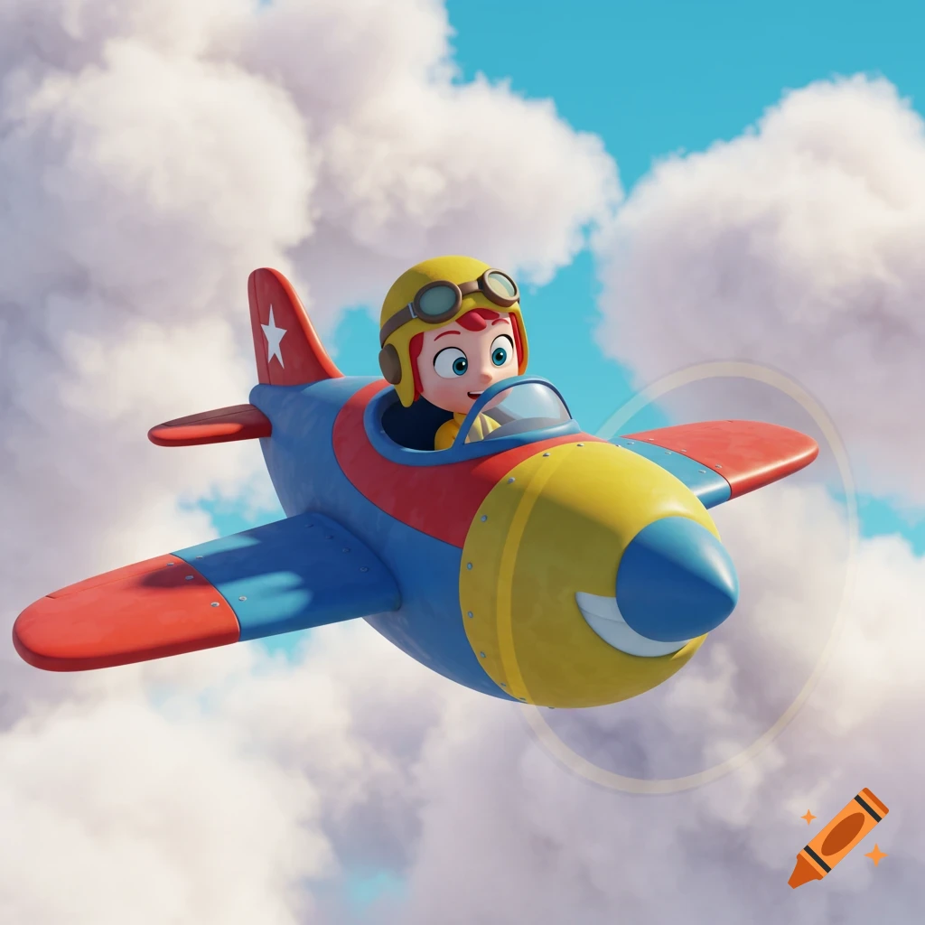 Cartoon person flying a colorful red, blue, and yellow airplane through ...