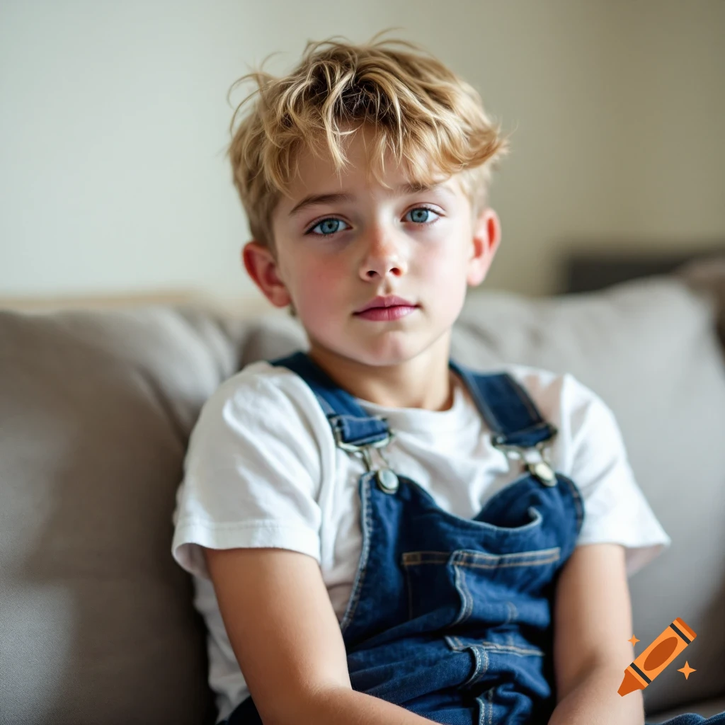 Preteen boy with blond hair wearing a tee shirt and overalls on a couch. on Craiyon