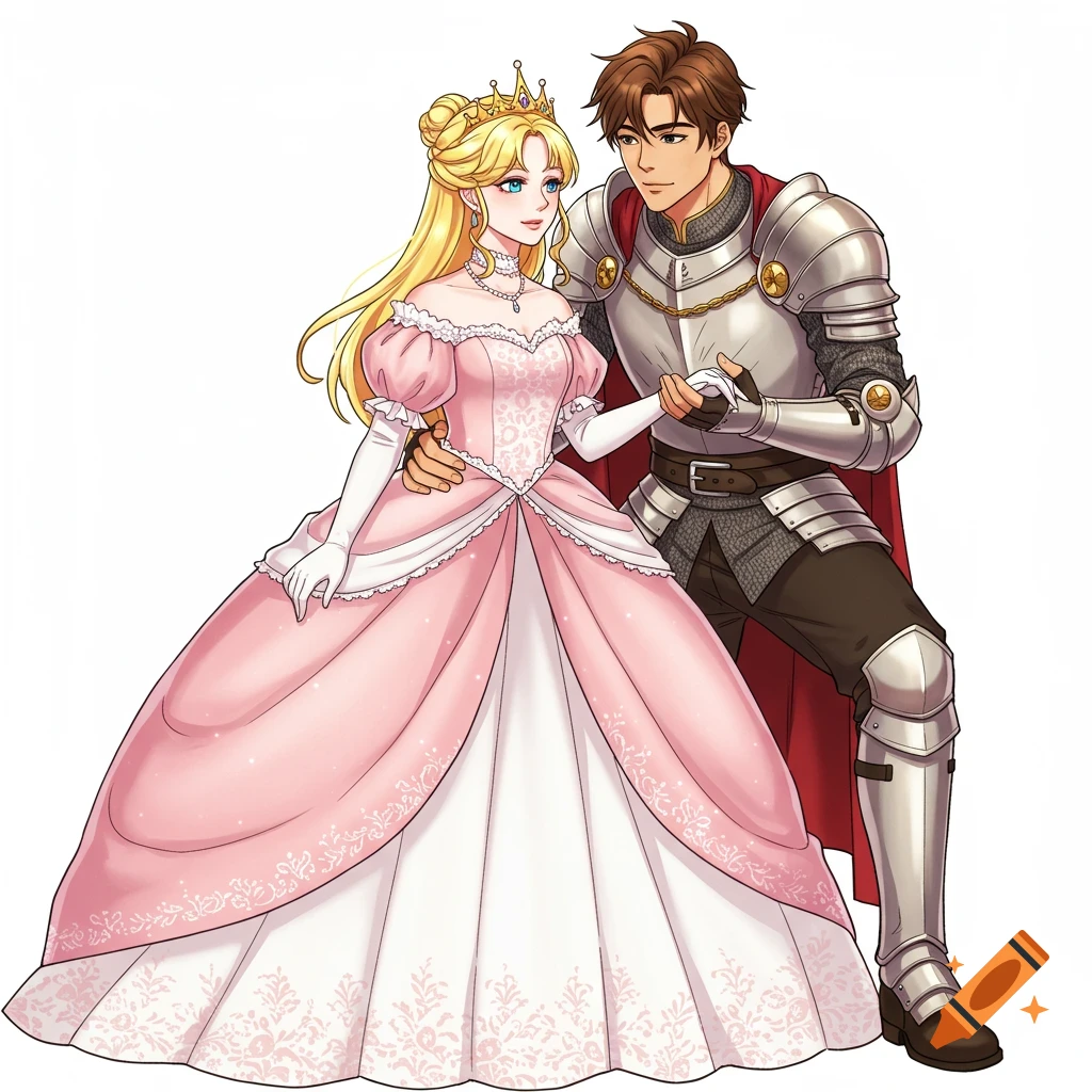 Cartoon illustration of a princess looking up at a knight in shining ...