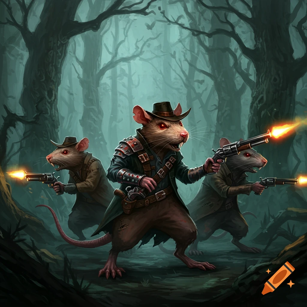 Three outlaw gun-wielding rats in a spooky forest on Craiyon