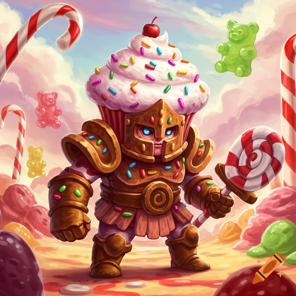 A cupcake warrior holding a lollipop sword in a candy land on Craiyon