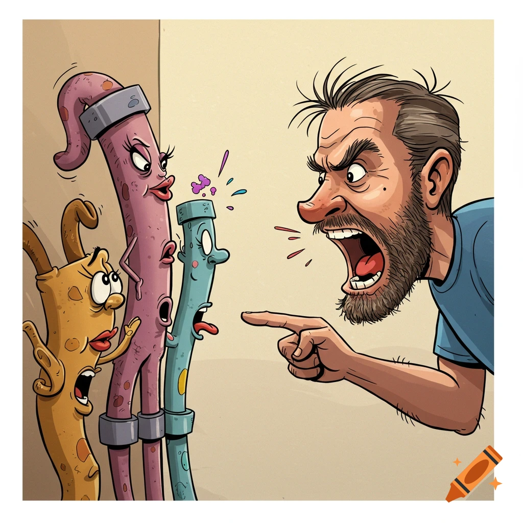 Cartoon illustration of an angry man yelling and pointing at three ...