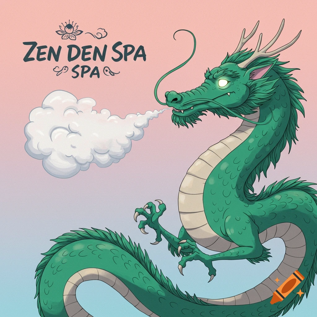 Cartoon green dragon breathing steam, with the text "ZEN DEN SPA SPA ...