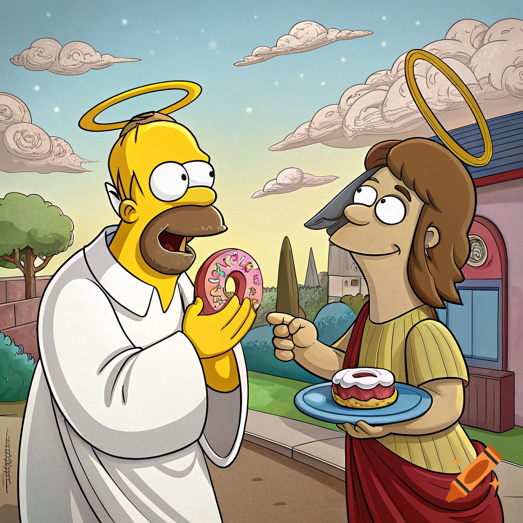 Homer Simpson and Jesus Christ in cartoon style exchanging donuts on ...