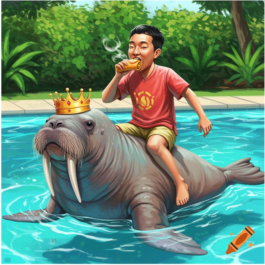 Man riding a crowned walrus with an eggroll in a pool on Craiyon