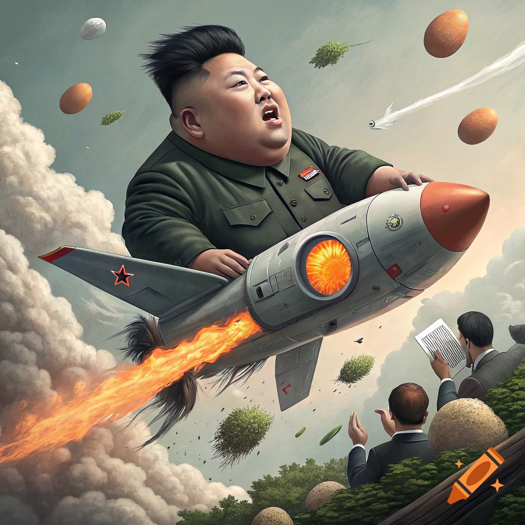 Surreal caricature shows Kim Jong-un riding a rocket through the sky ...