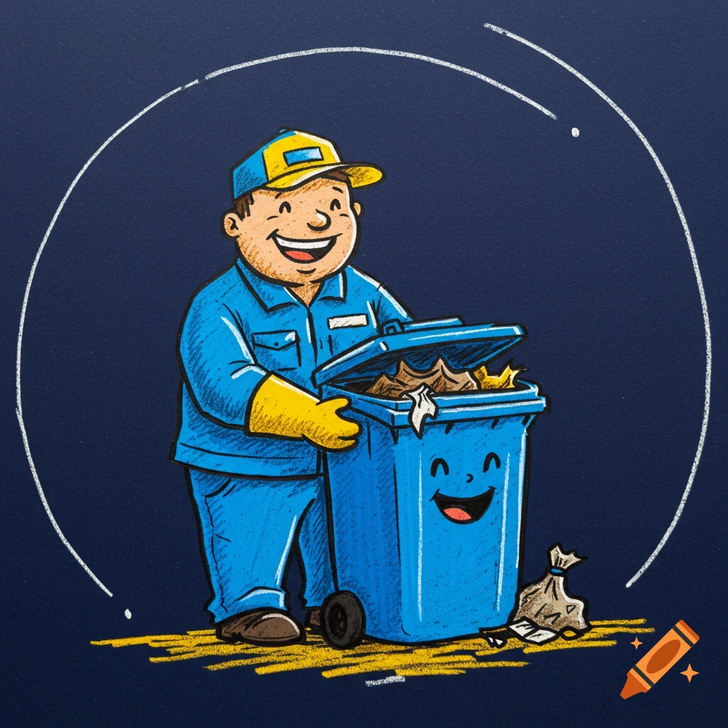 Cartoon garbage collector with a smiling trash can, crayon drawing ...