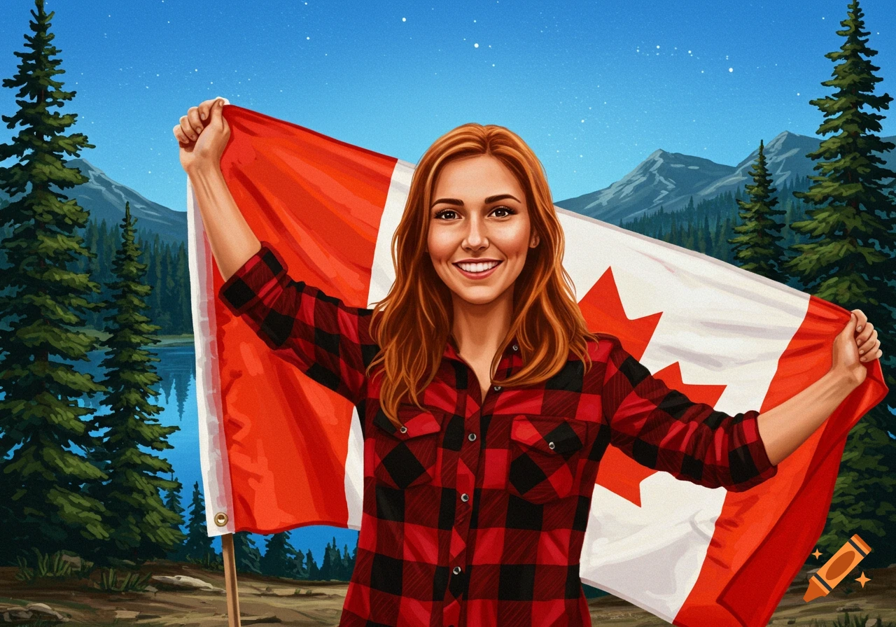 A woman in a red plaid shirt is holding a Canadian flag in a mountain ...