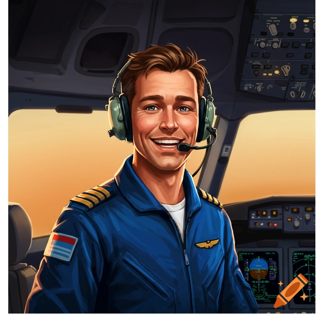 A smiling pilot in a cockpit on Craiyon