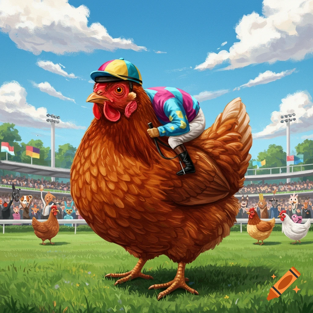 Cartoon jockey rides a giant chicken on a dirt track during a race ...