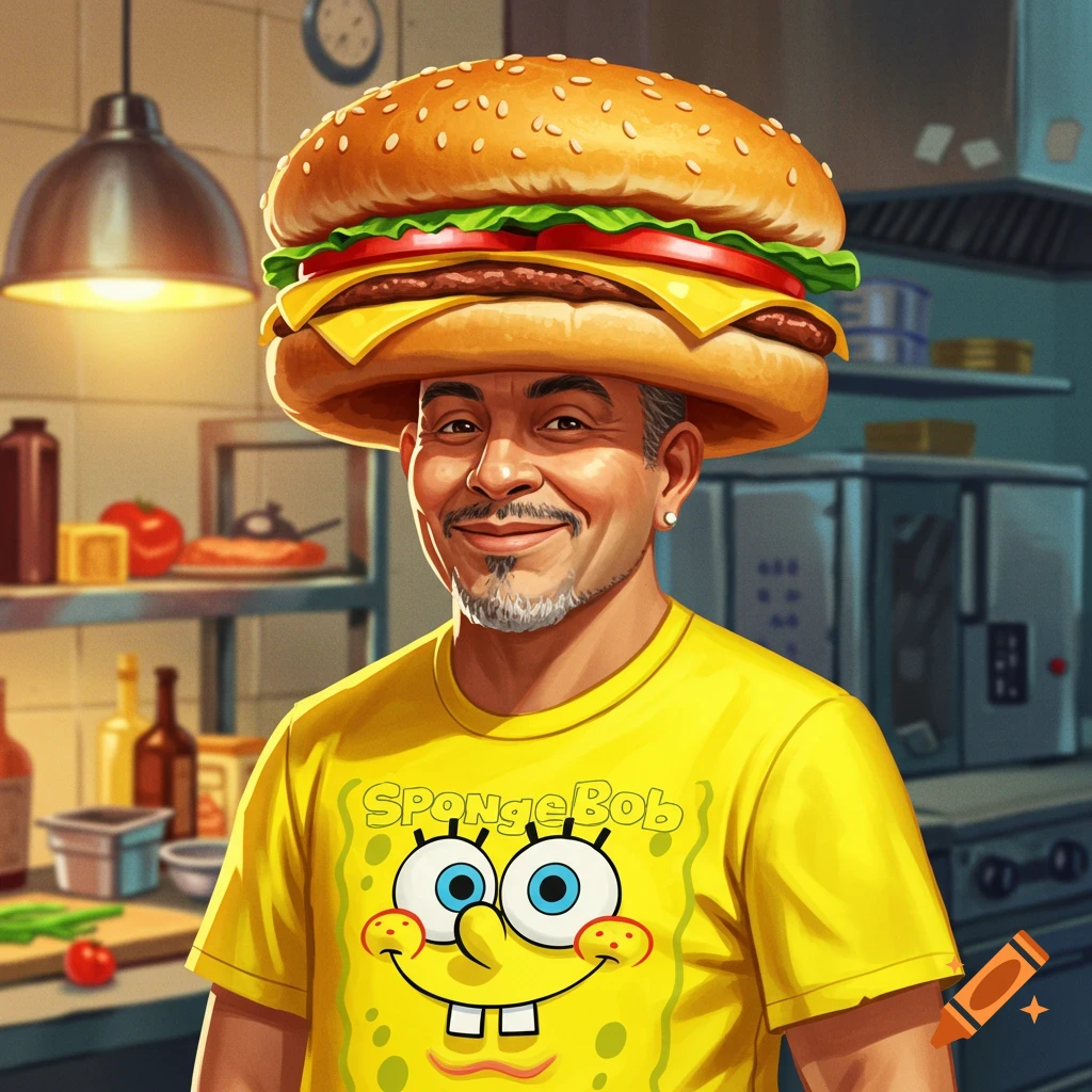 Chef wearing a burger hat and SpongeBob T-shirt on Craiyon