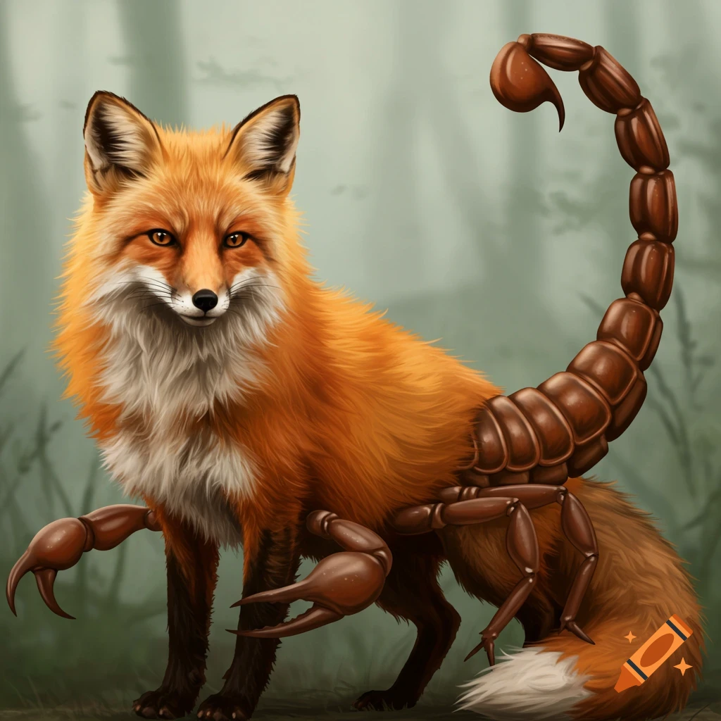 A fox creature with a scorpion tail and legs stands in a forest. on Craiyon