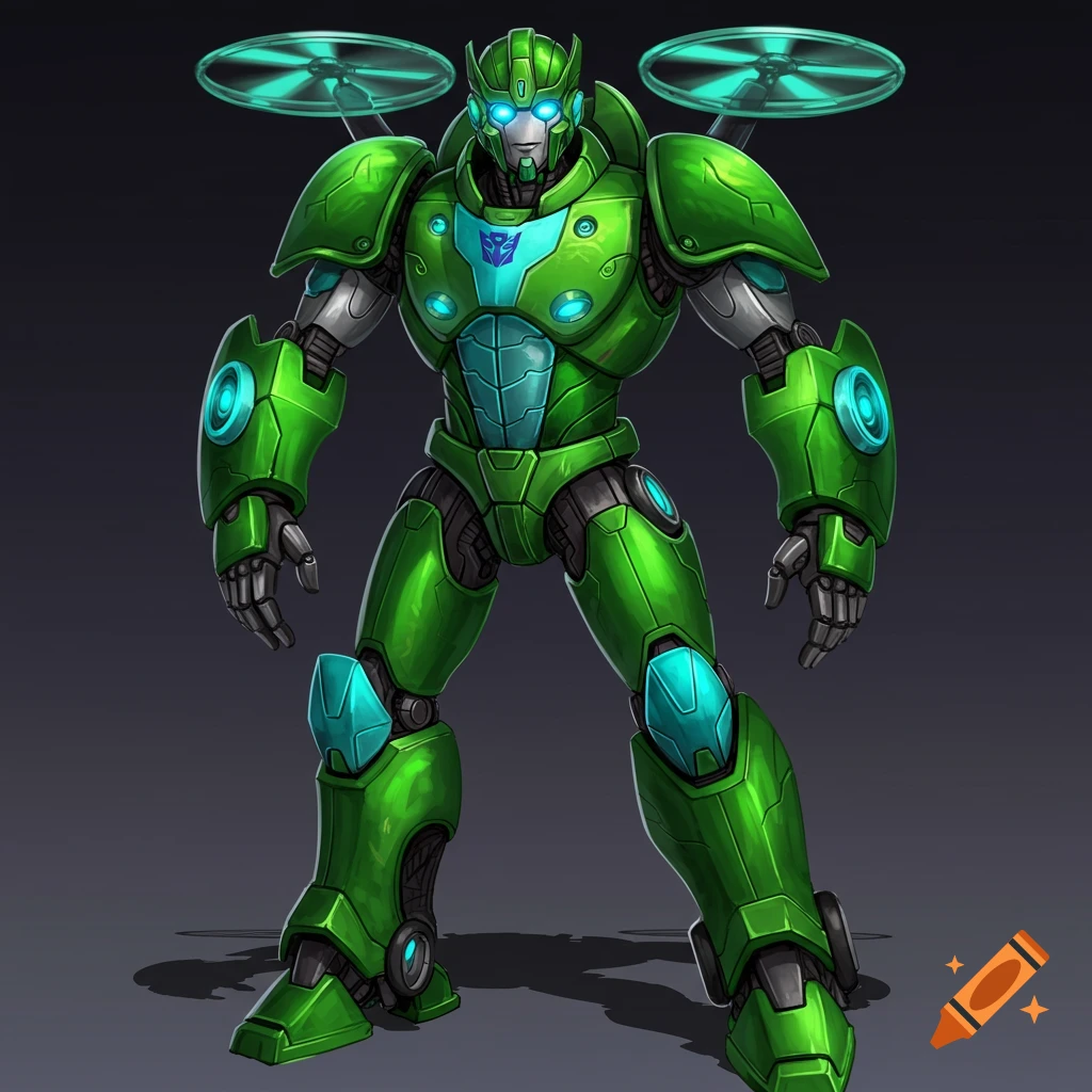 Green robot transformer concept art with views of its sports car ...