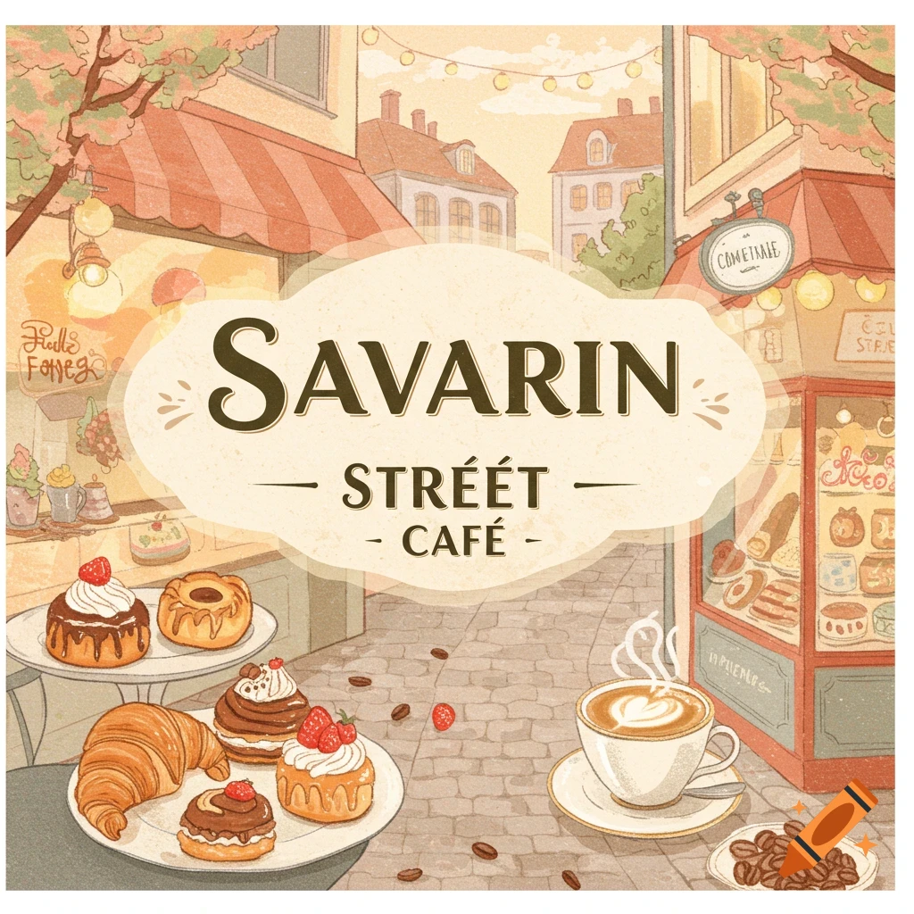 Illustration of a street cafe with a sign that says 'Savarin Street ...