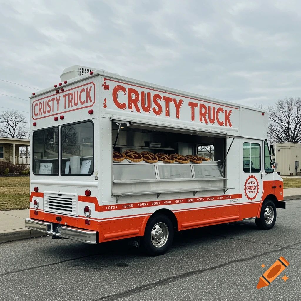 A Crusty Truck food truck is parked on a street, selling pies. on Craiyon
