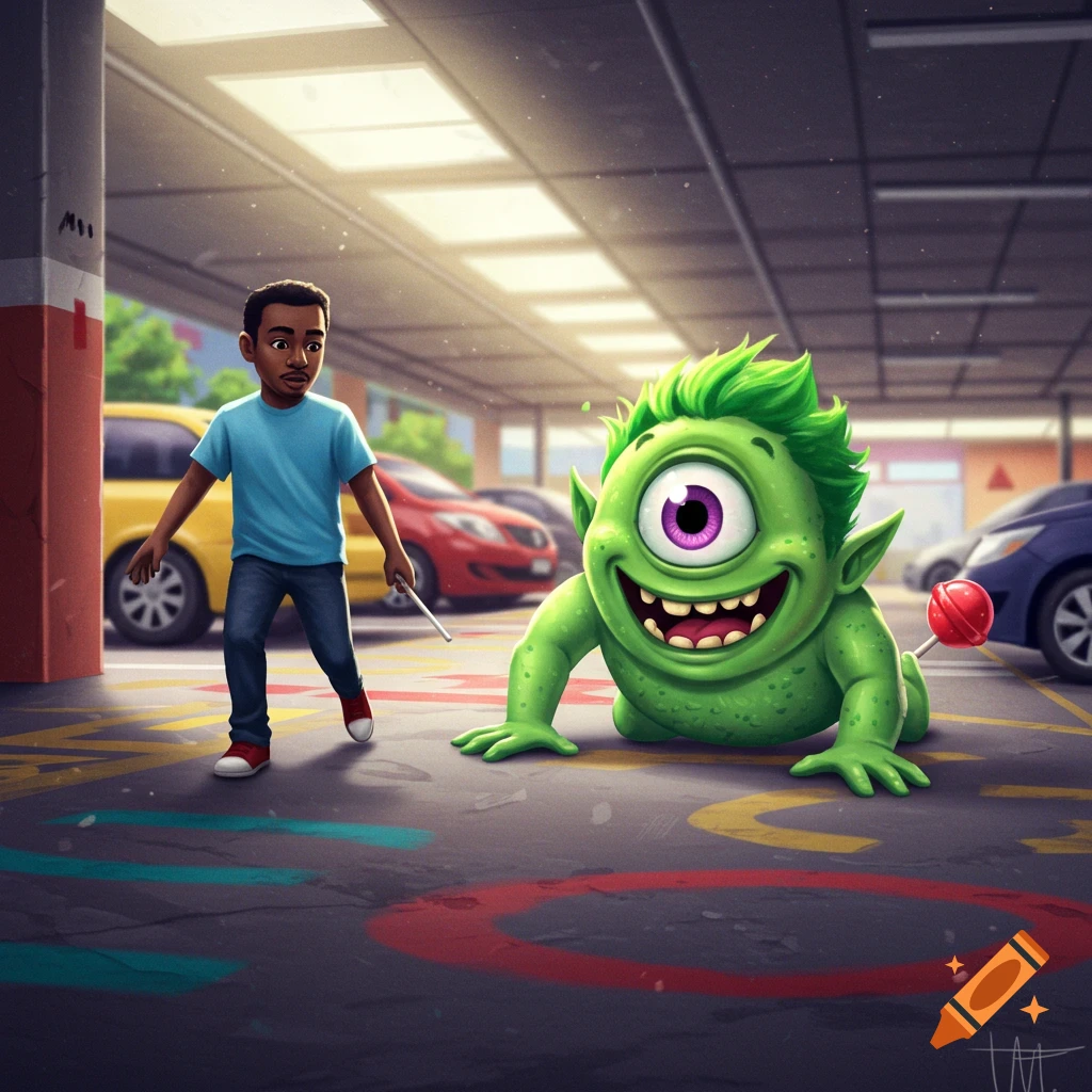 A green cyclops monster crawls towards a boy holding a stick in a ...