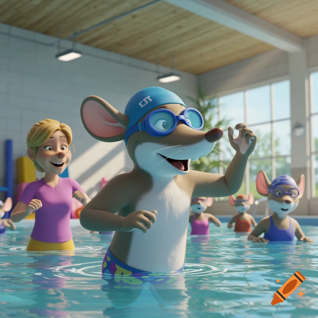 CGI animation of cartoon mice and a human instructor doing water ...