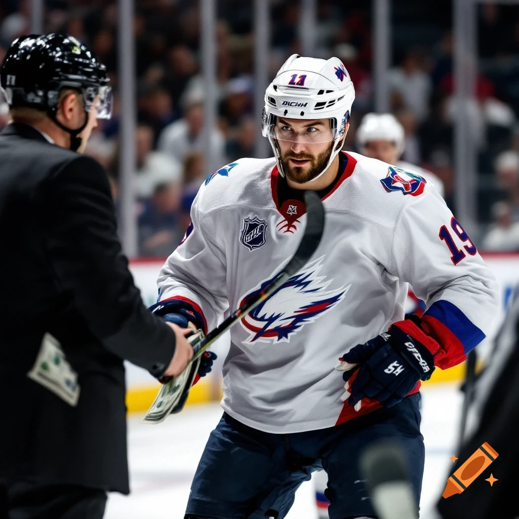 Alex Ovechkin giving US dollars to NHL referees during a game on Craiyon