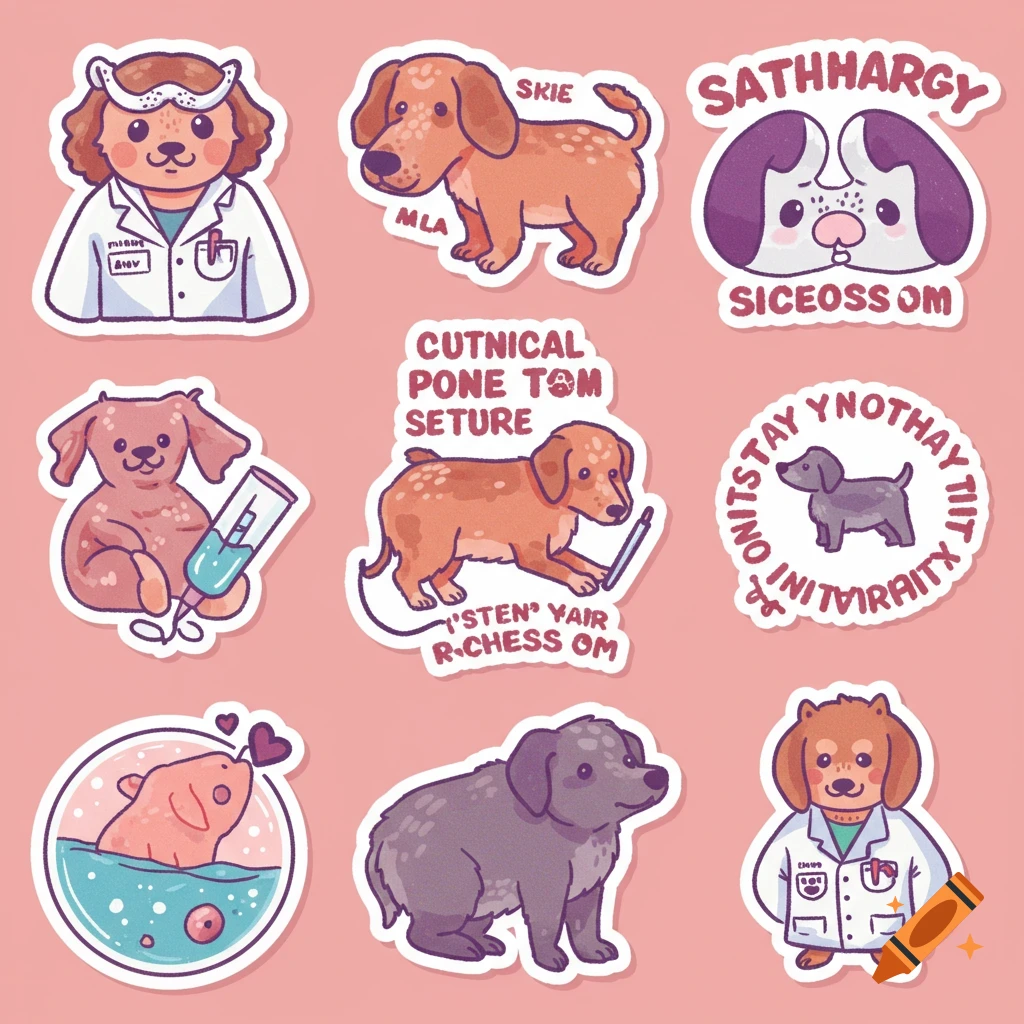 Cute cartoon-style veterinary clinical pathology stickers for a ...