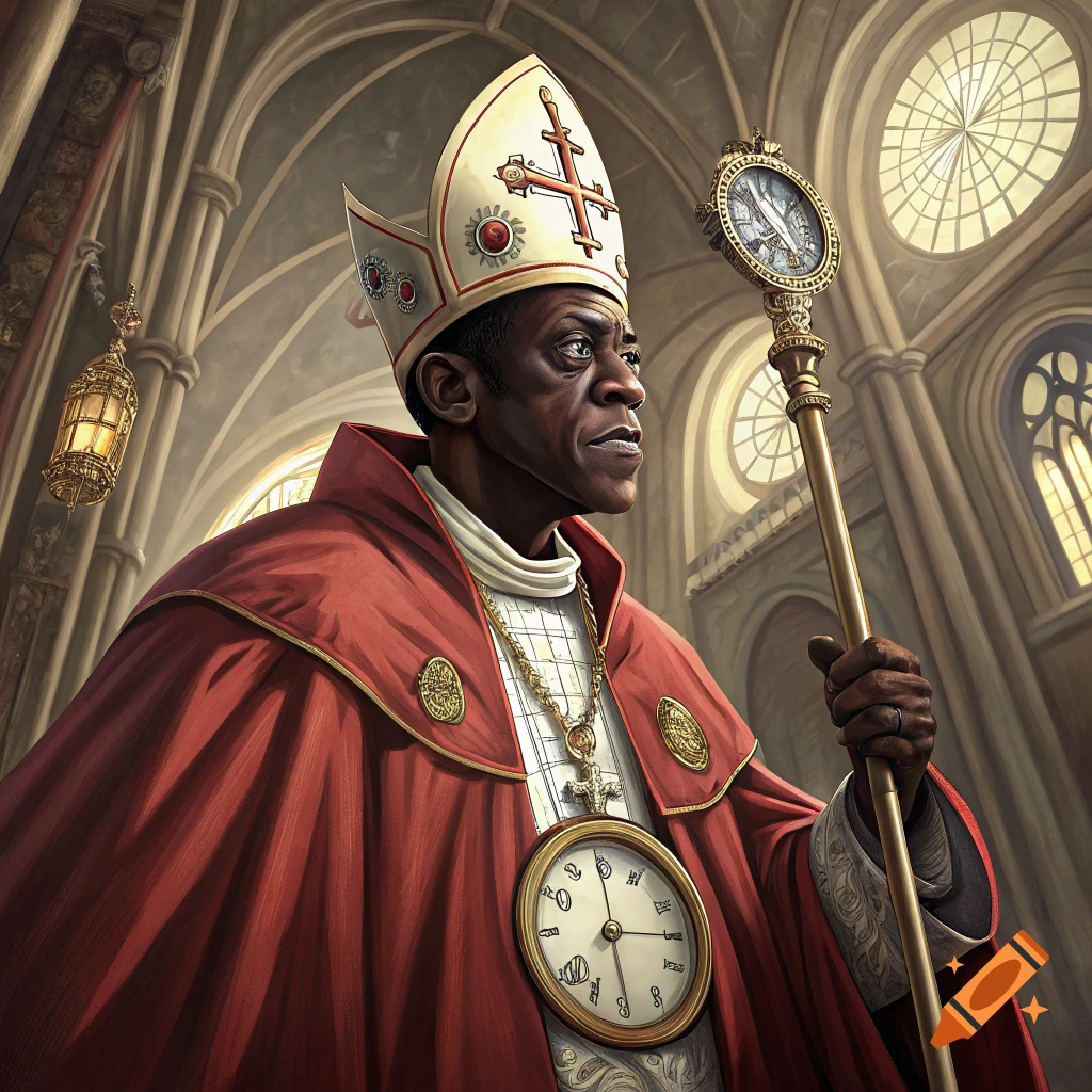 A man dressed as a pope in a church, wearing a red and gold crown and ...