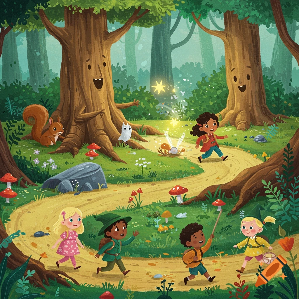 A child looks at a friendly anthropomorphic tree in a forest with a ...