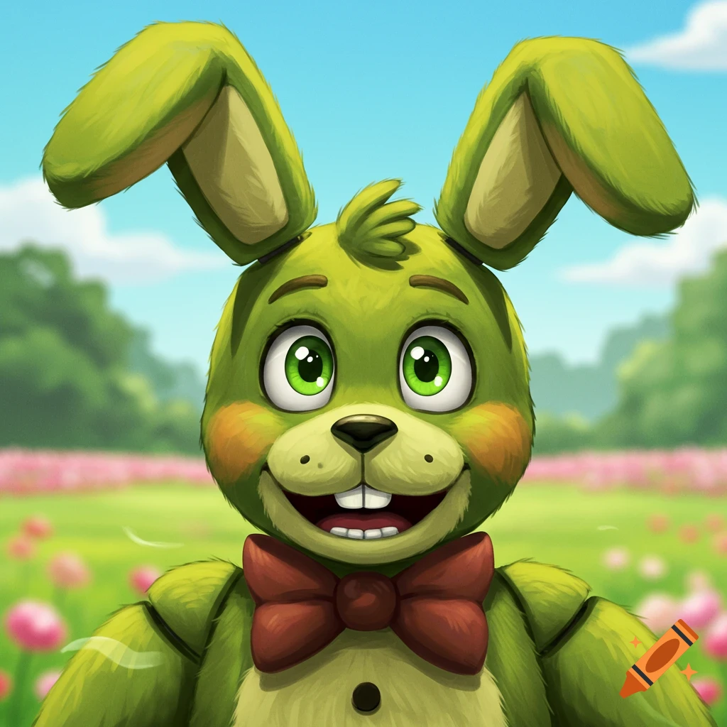 A green rabbit character with a bow tie in a field of pink flowers ...