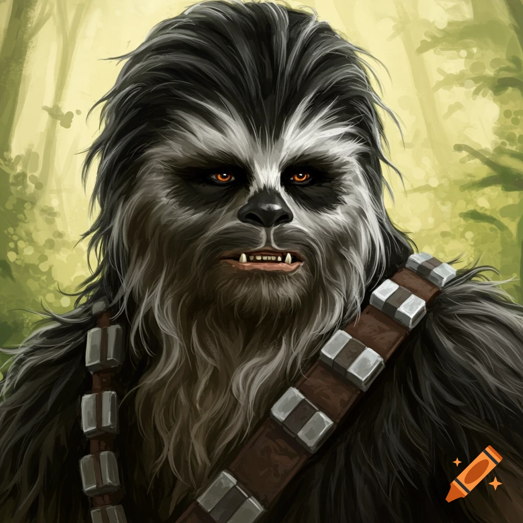 Wookie with scruffy black and white fur and amber eyes on Craiyon