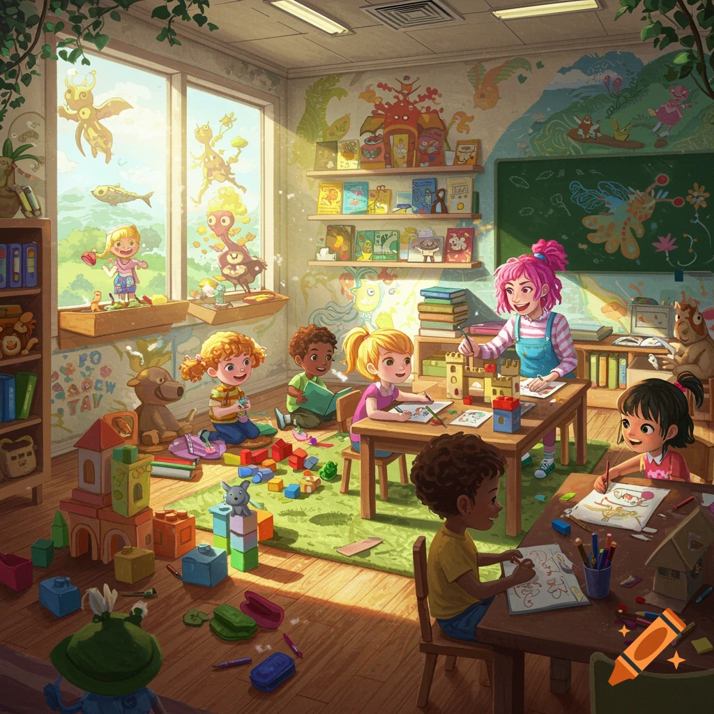 A reading corner in a classroom with an arch and shelves made from ...