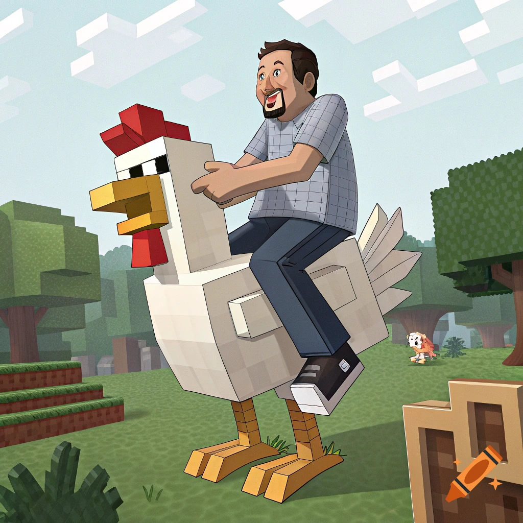 An Ewok rides a chicken in a Minecraft world. on Craiyon